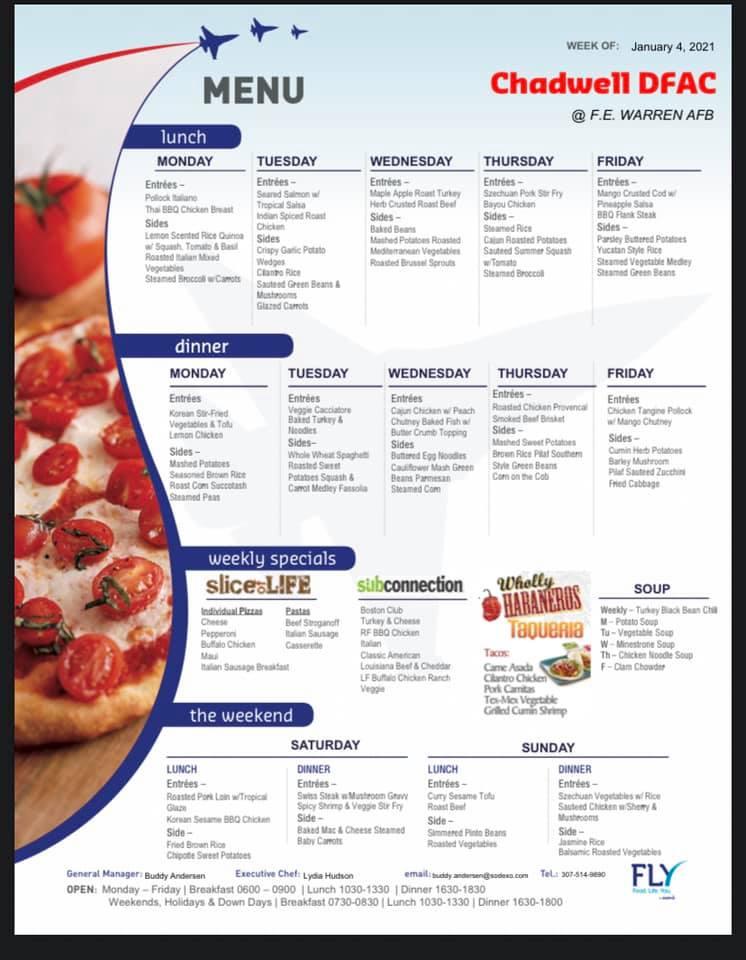 Menu at Chadwell Dining Facility cafeteria, Warren Air Force Base