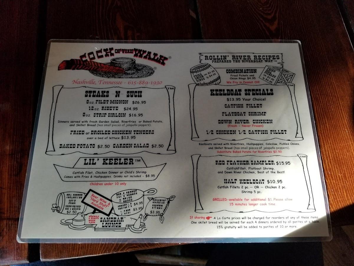Menu at Cock of the Walk restaurant, Nashville, Music Valley Dr