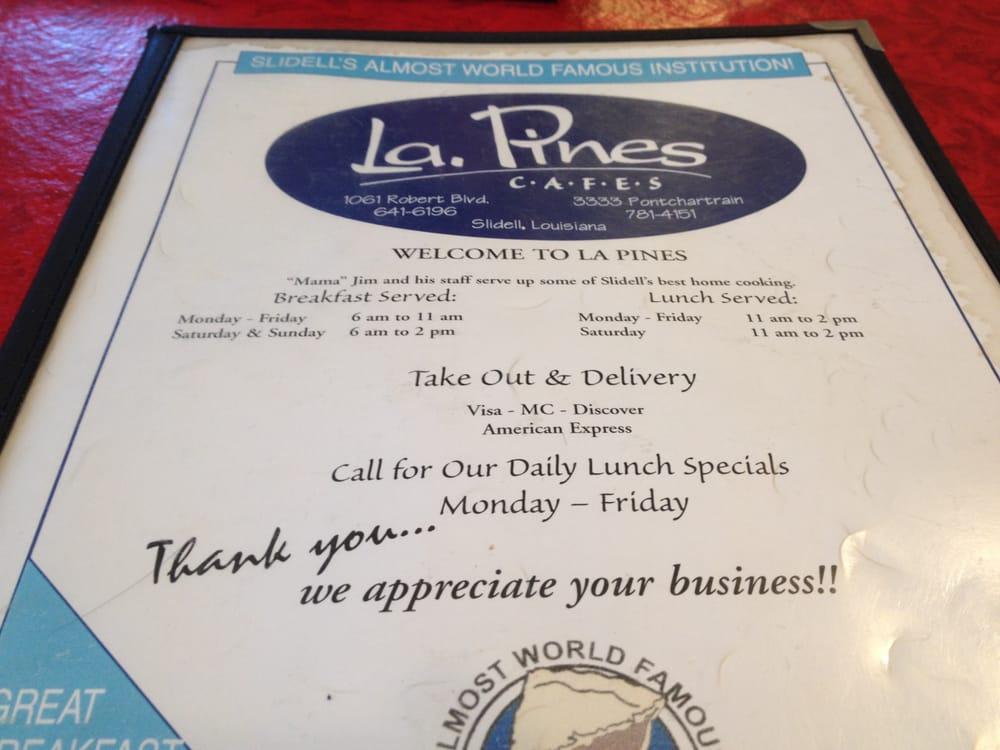 Menu at La Pines Cafe, Slidell