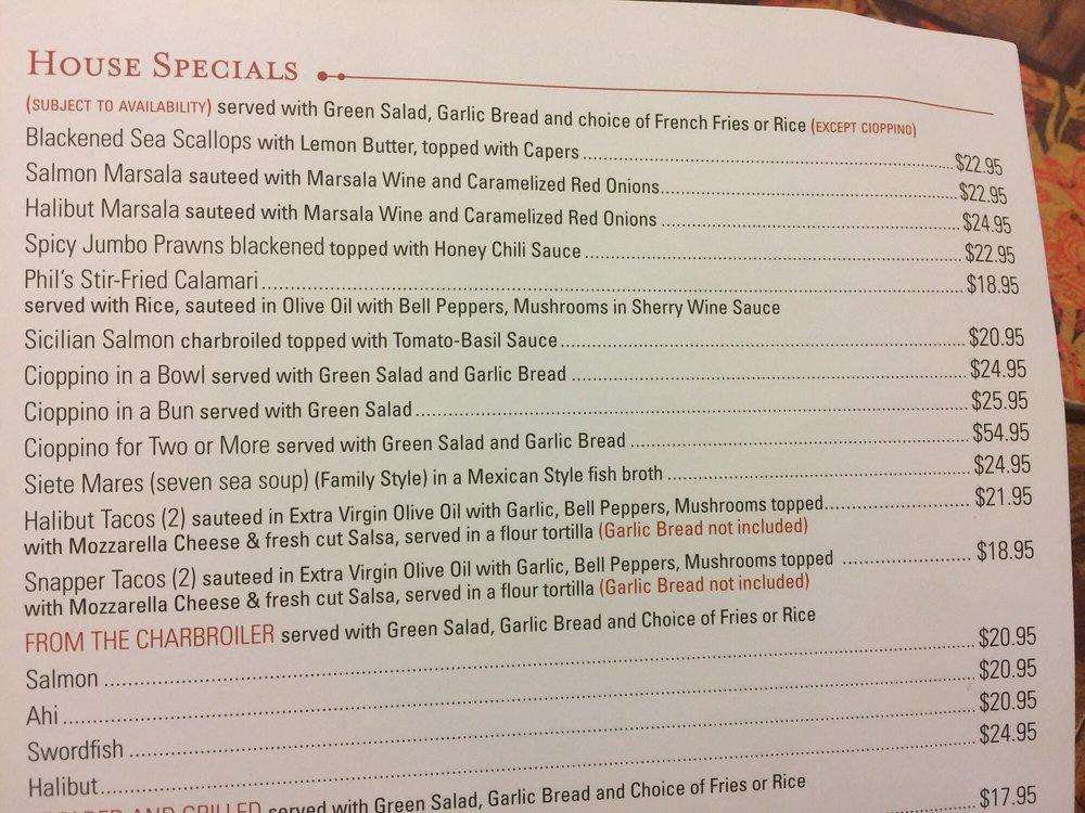 Menu at Phil's Fish Market restaurant, Moss Landing