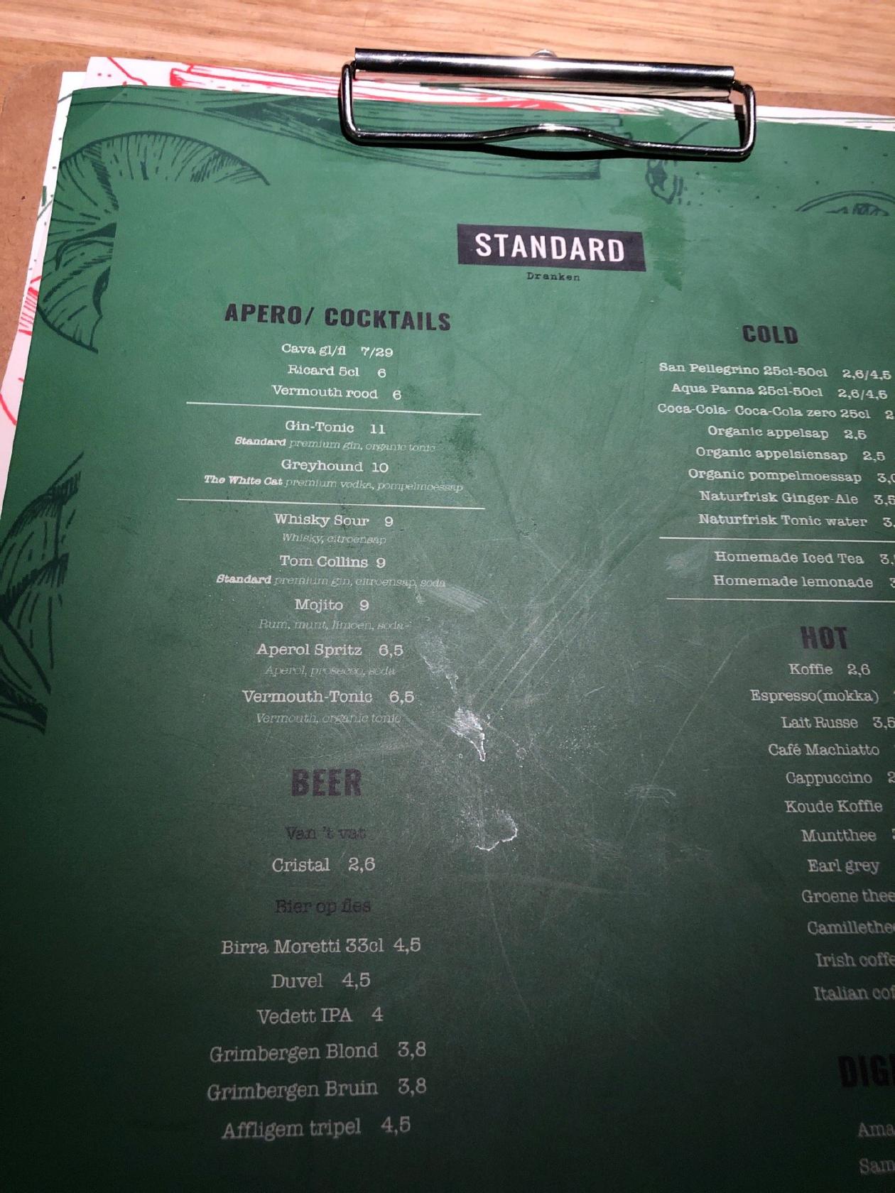 Menu at Standard Pizza, Antwerp