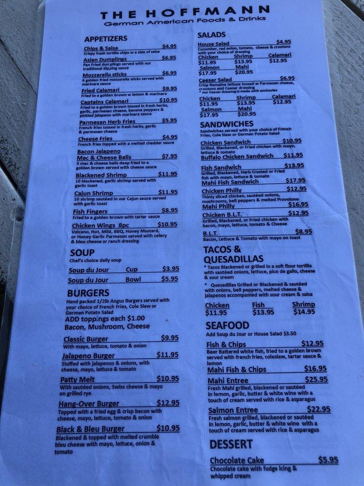 Menu at The Hoffmann restaurant, Jensen Beach