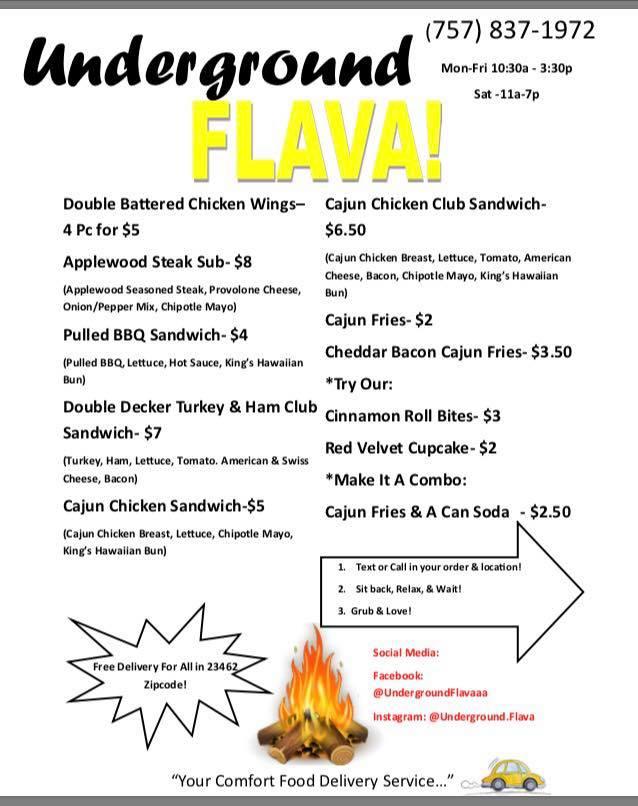 Menu at Underground Flava restaurant, Virginia Beach