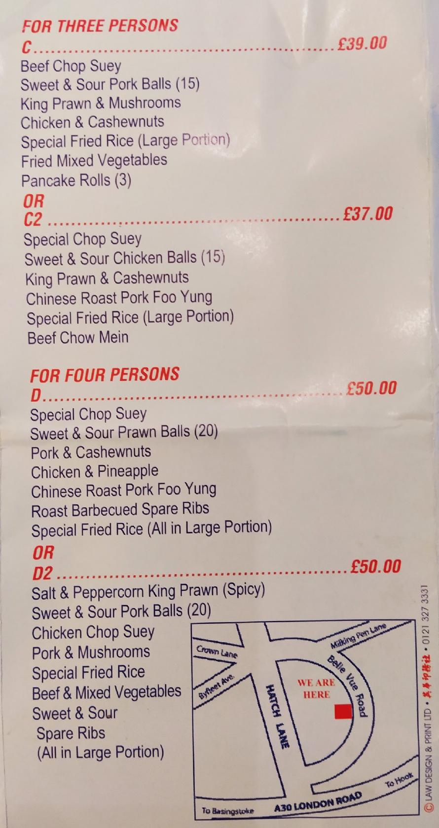 Menu at Basing Take Away fast food, Basingstoke