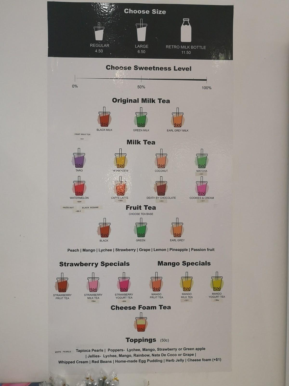 Carta del postres Bubbleberry Frozen Yogurt and Bubble Tea, Wollongong