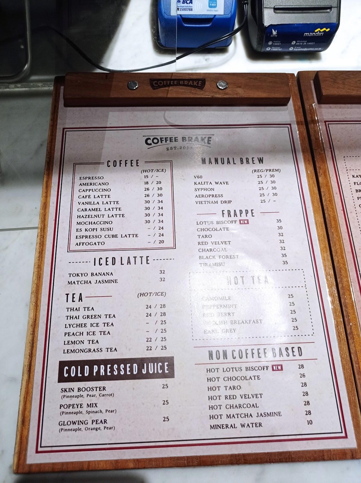 Menu at Coffee BRAKE cafe, Purwokerto