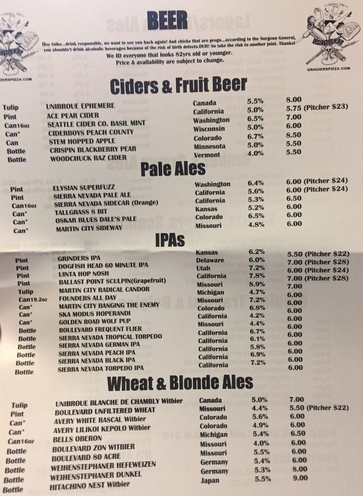 Menu at Grinders pizza pizzeria, Kansas City, 415 E 18th St
