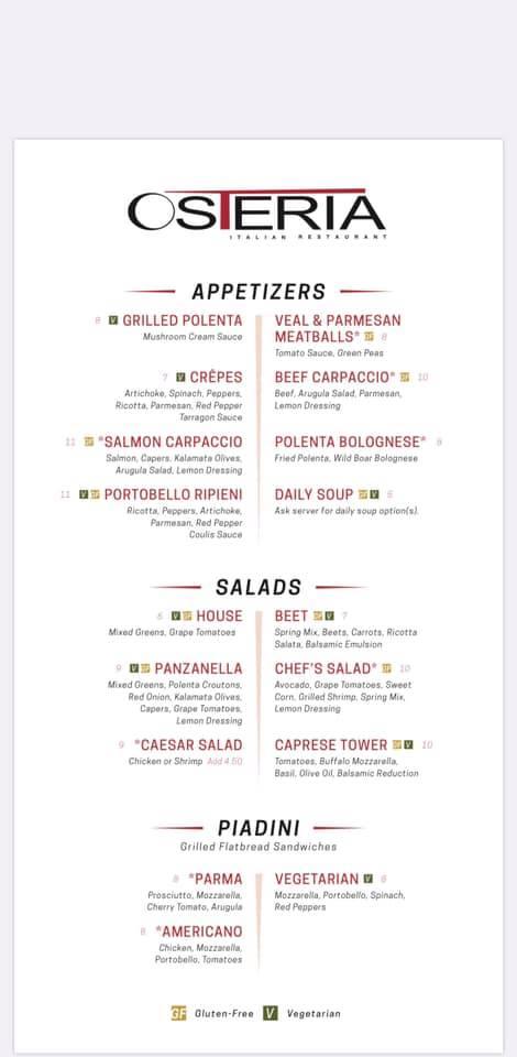 Menu at Osteria restaurant, Greensboro