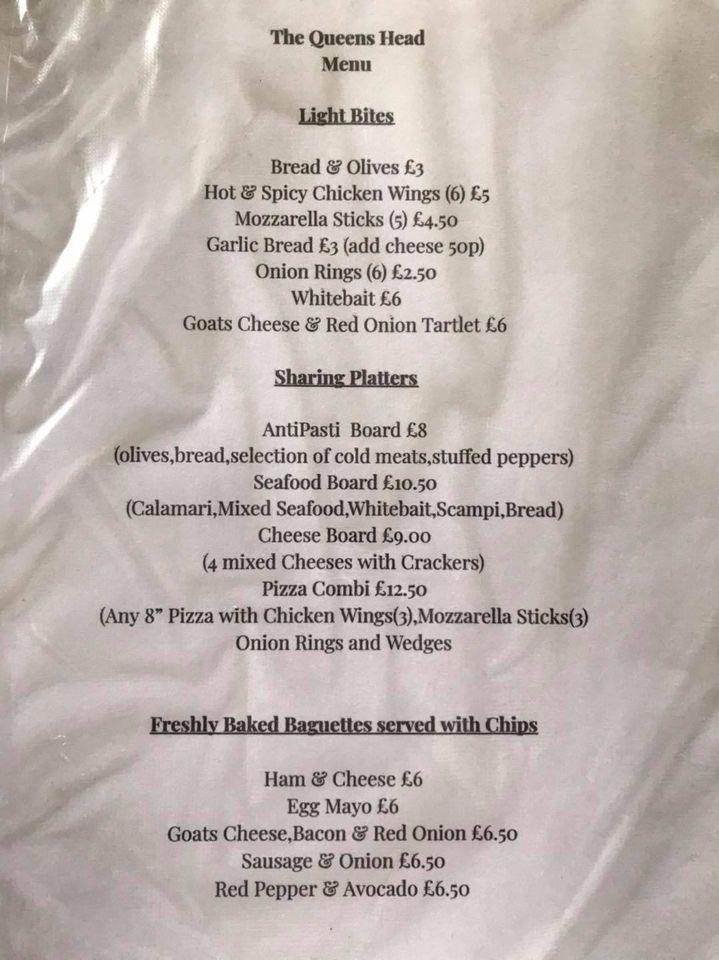 Menu at Queens Head Boughton, Boughton-under-Blean