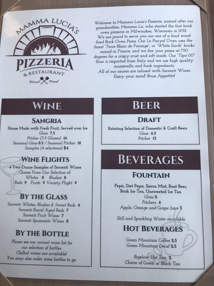 Menu at Mamma Lucia's Pizzeria at Sorrenti Family Estate, Saylorsburg