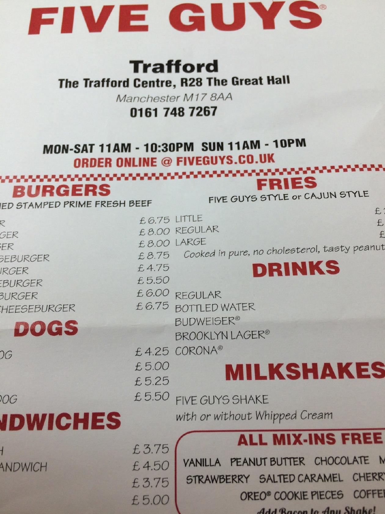 Menu at Five Guys Trafford Centre fast food, Manchester, The Orient
