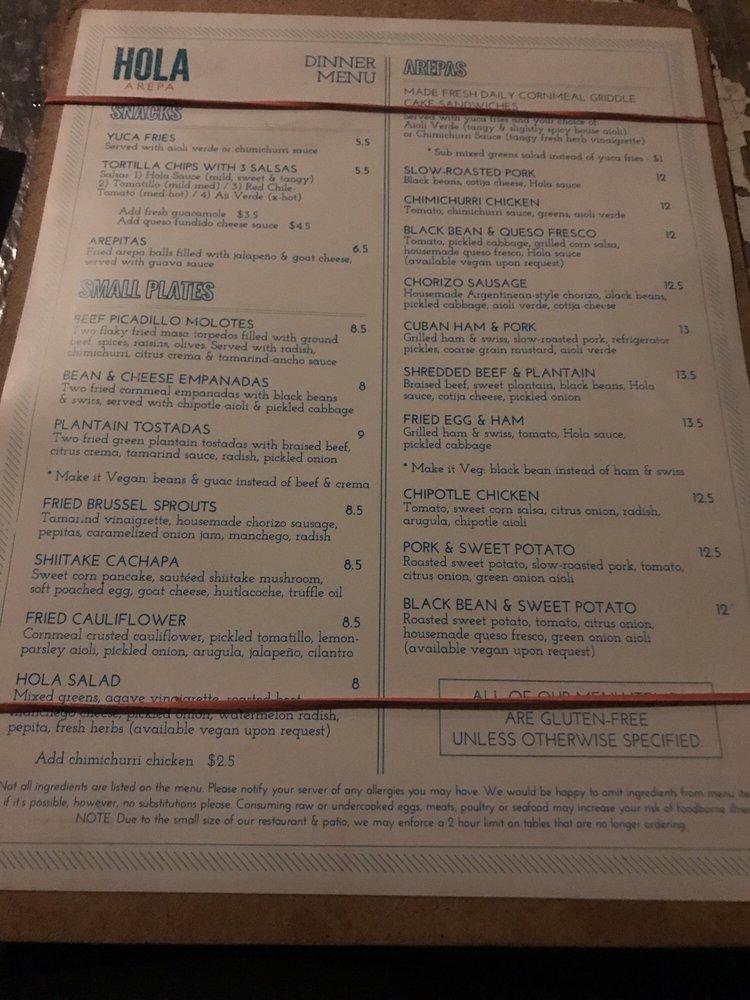 Menu at Hola Arepa restaurant, Minneapolis, Nicollet Ave