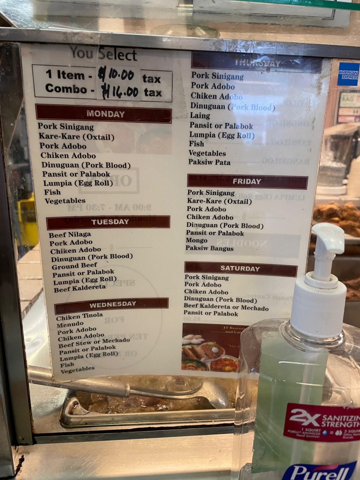 Menu at JT Restaurant, San Francisco