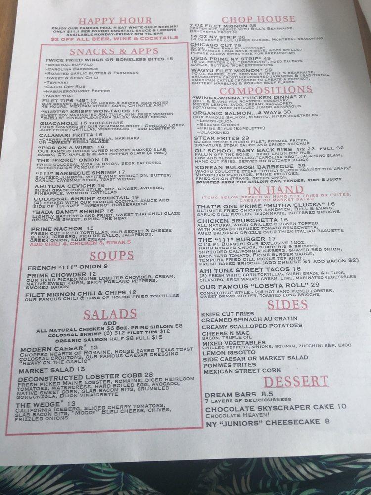 Menu at Prime One Eleven pub & bar, Trumbull