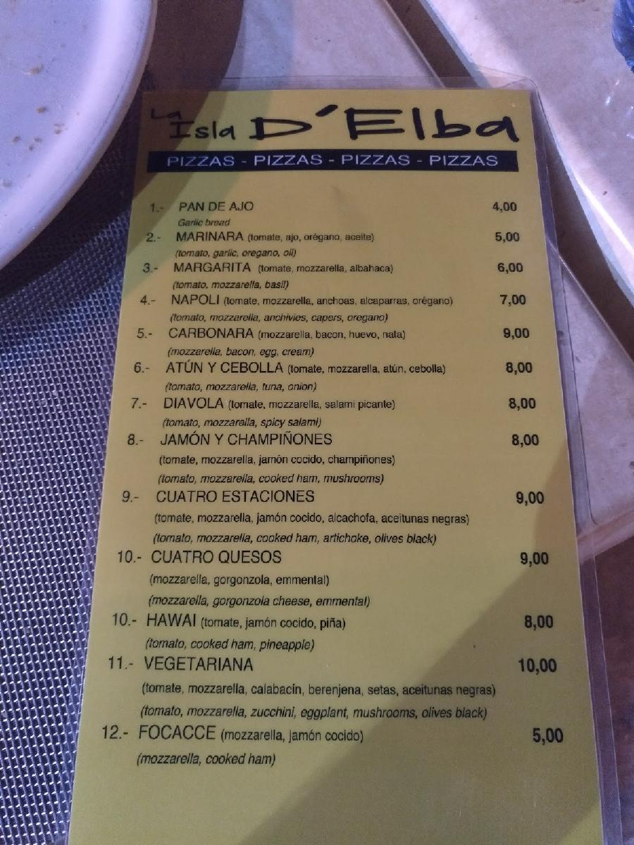 Menu at Restaurante La Isla D'Elba, San Luis de Sabinillas