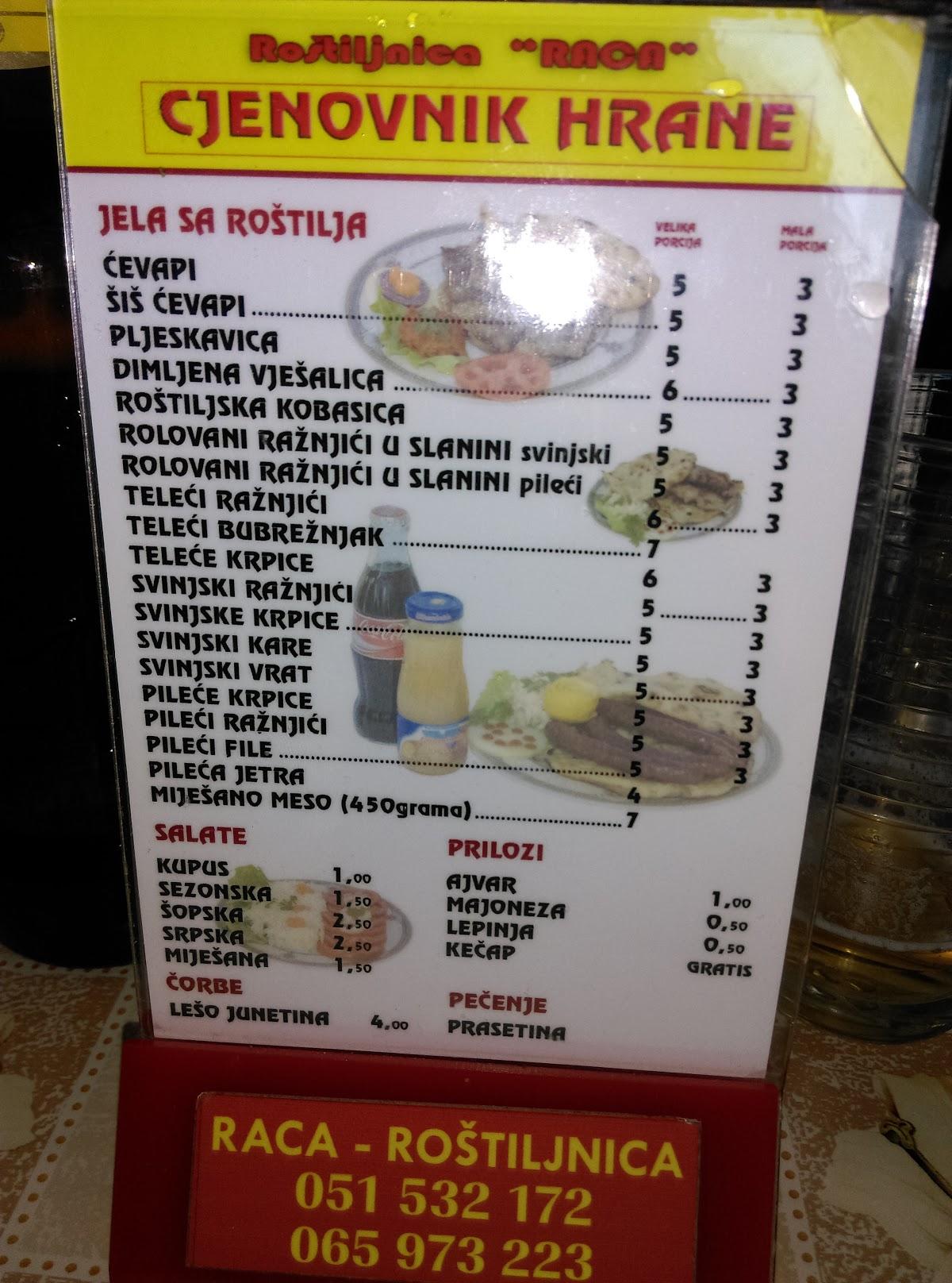 Menu at Roštiljnica i mesnica "Raca" restaurant, Laktaši