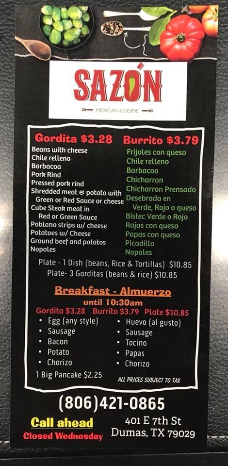 Menu at SAZON restaurant, Dumas