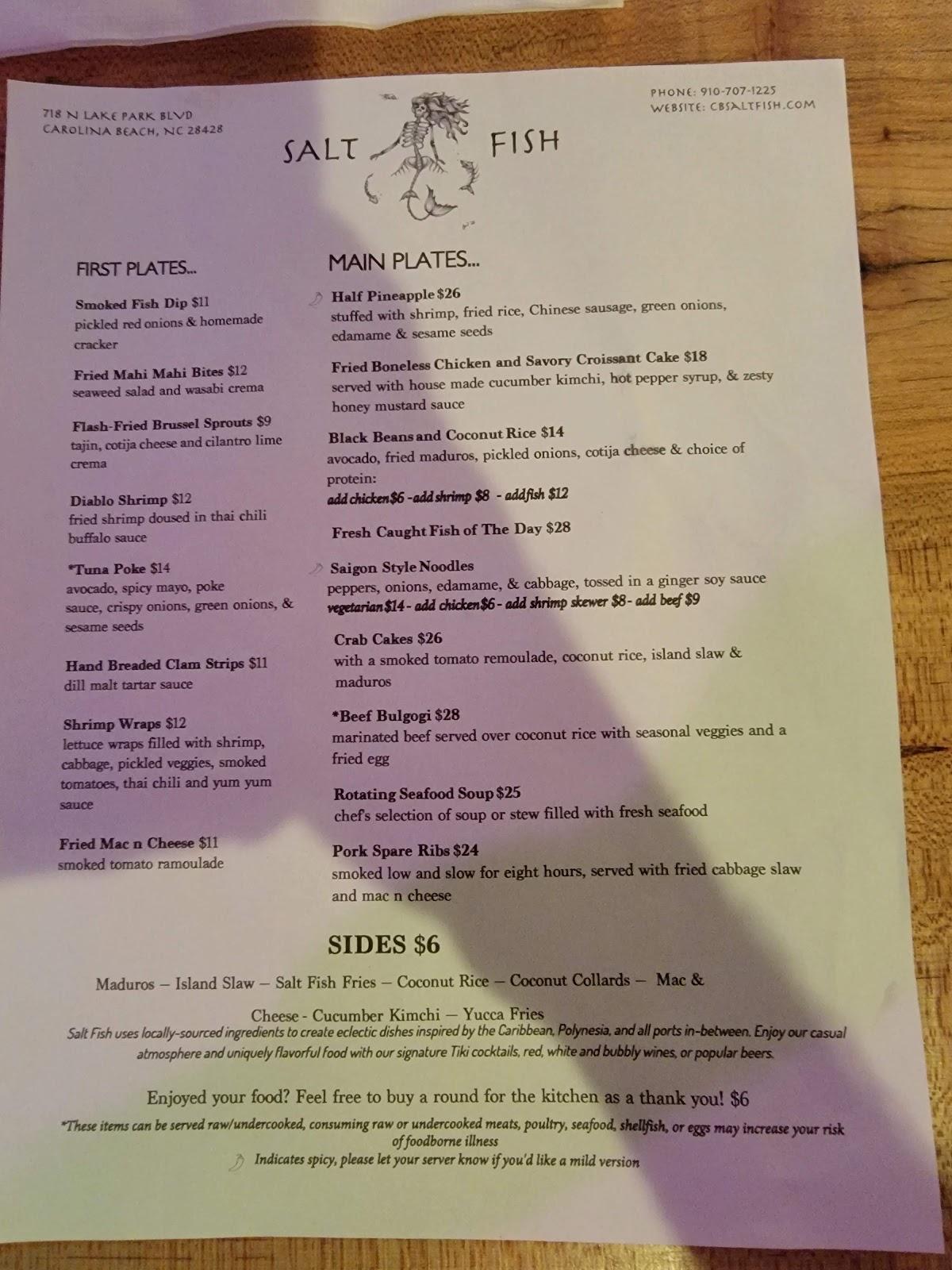 Menu at Salt Fish Restaurant and Tiki Bar, Carolina Beach