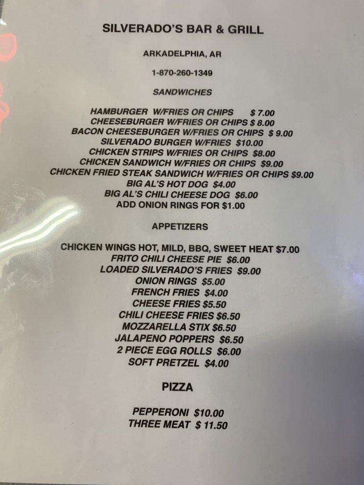 Menu at Silverado's Bar & Grill, Arkadelphia