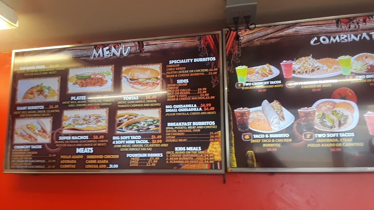 Menu at Tony's Taco Shop restaurant, Lebanon