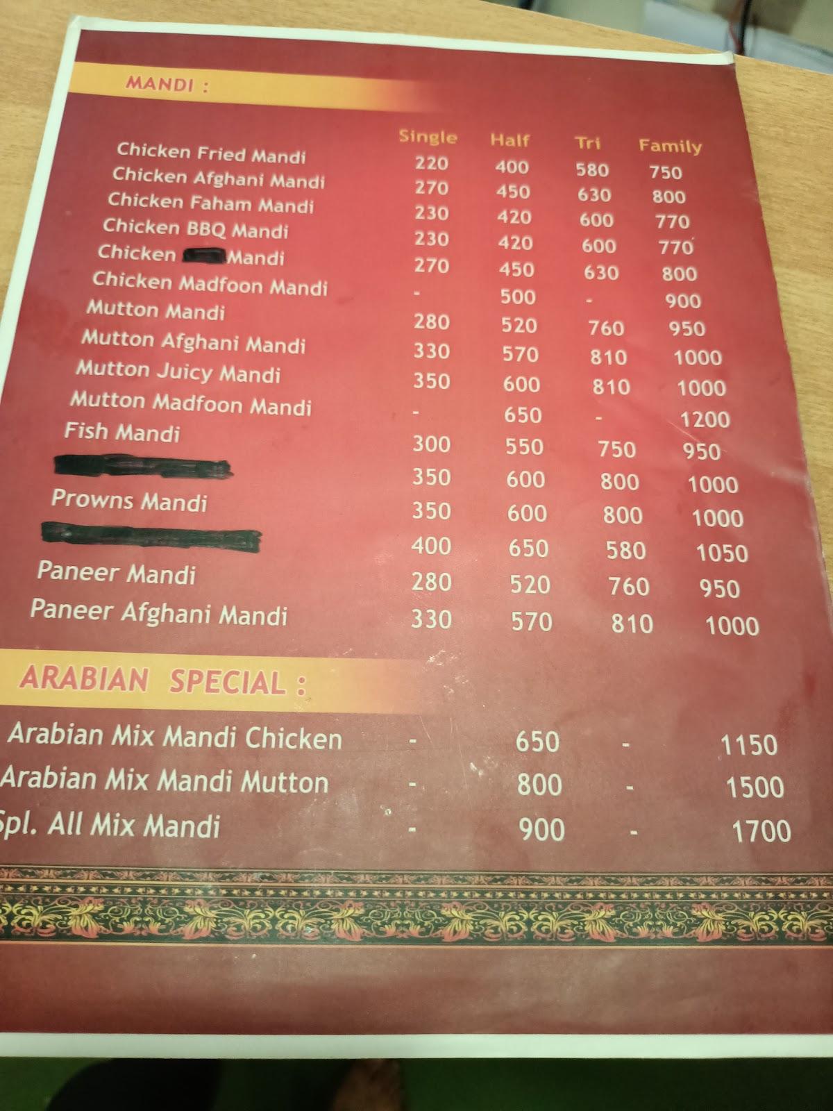 Menu at Arabian Mandi House, Hanamkonda