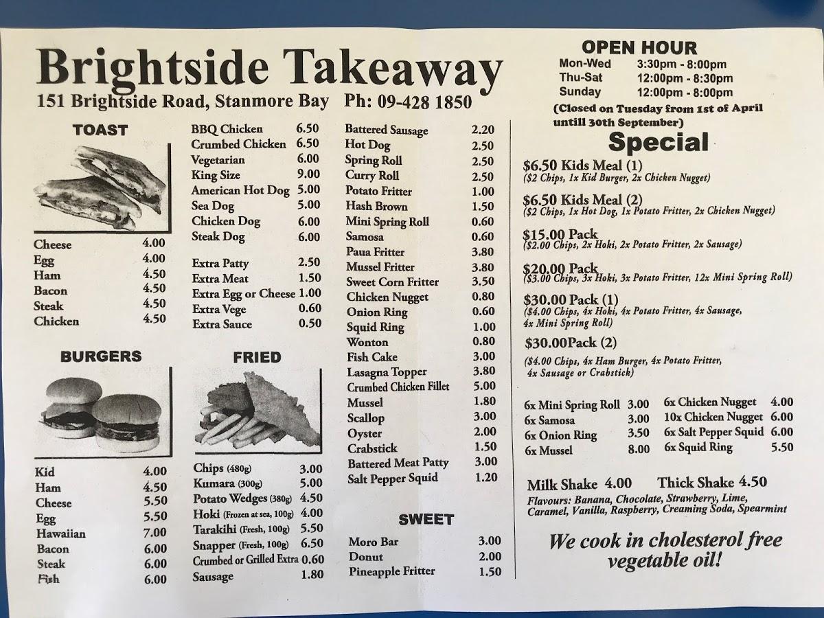 Menu at Brightside Takeaways fast food, Auckland