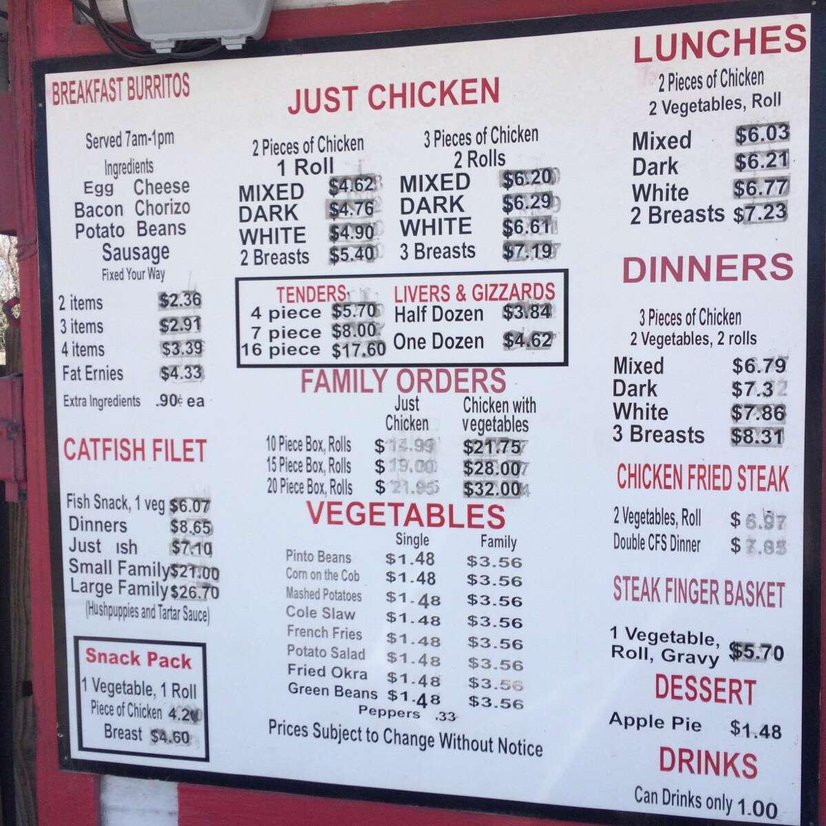 Menu at Ernie's Fried Chicken restaurant, Belton