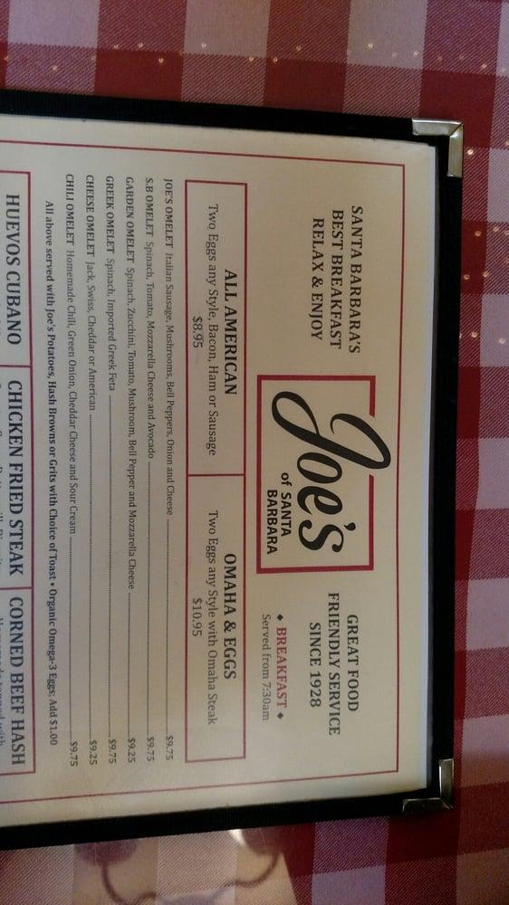 Menu at Joe's Cafe, Santa Barbara