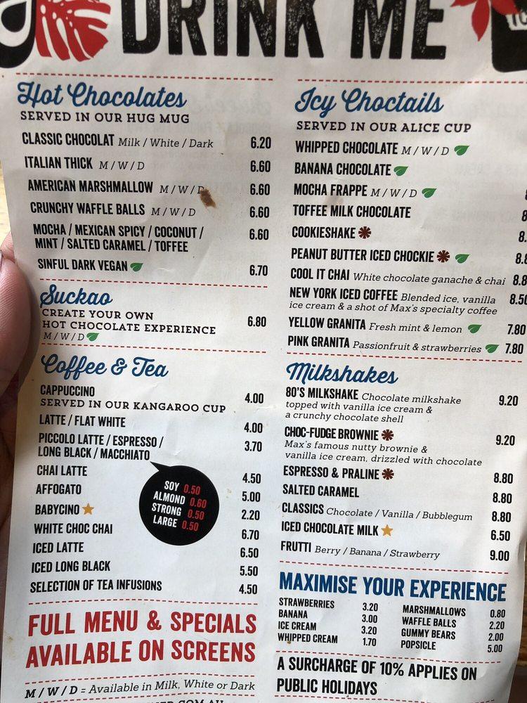 Menu at Max Brenner Chocolate Bar, Melbourne, Shop OE5
