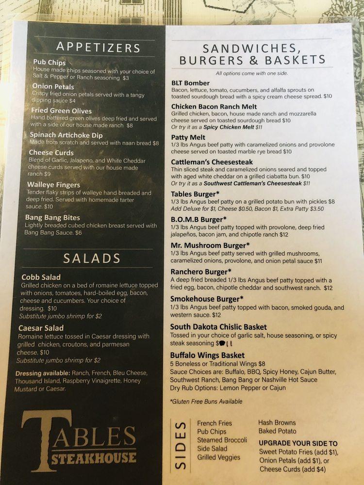 Menu at Tables Steakhouse, Castlewood