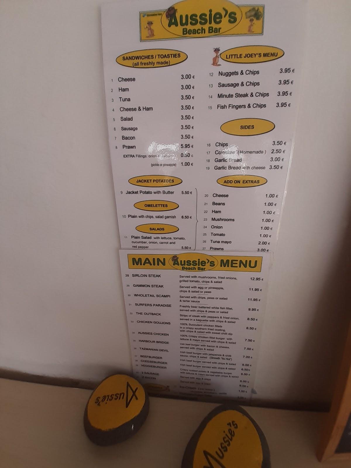 Menu at Aussie's Beach Bar, Tías