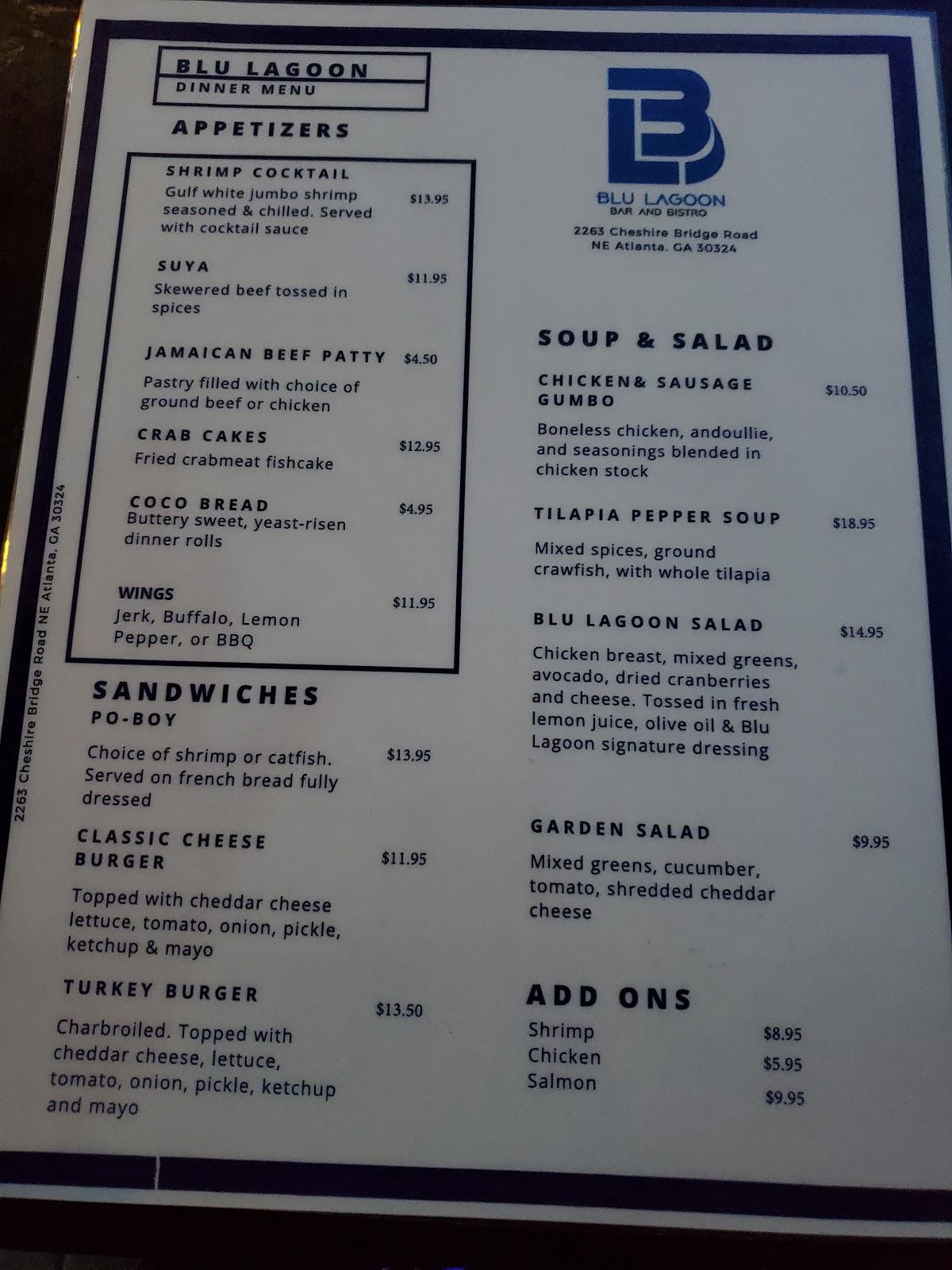 Menu at Blu Lagoon Bar and Bistro, Atlanta