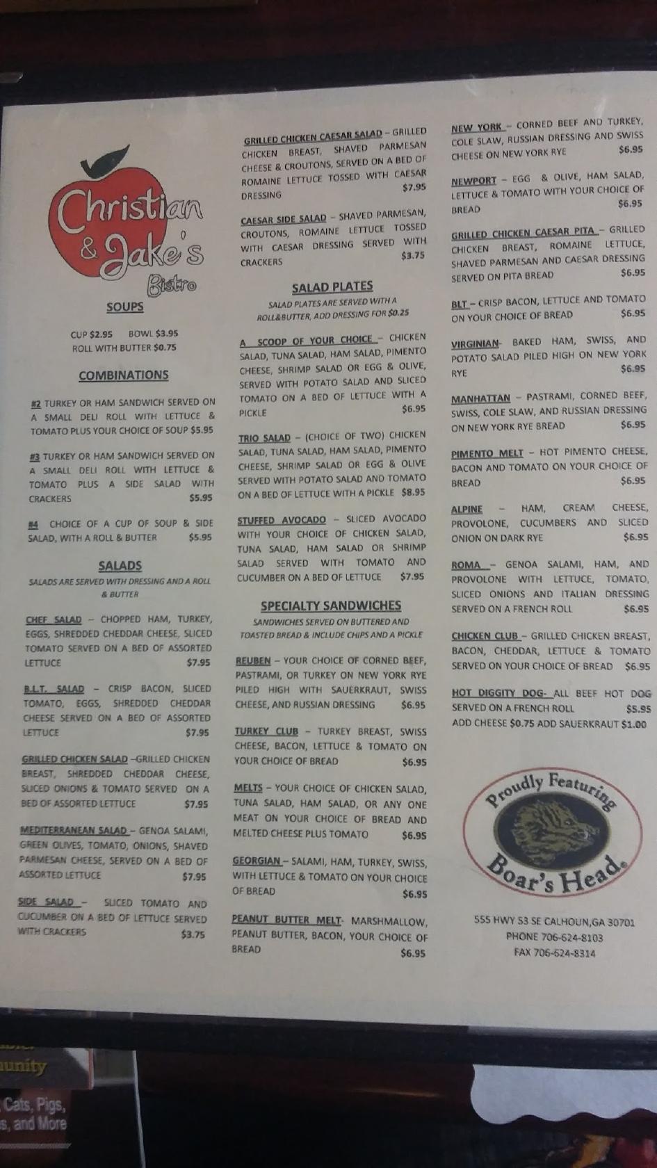 Menu at Christian & Jakes Bistro cafe, Calhoun