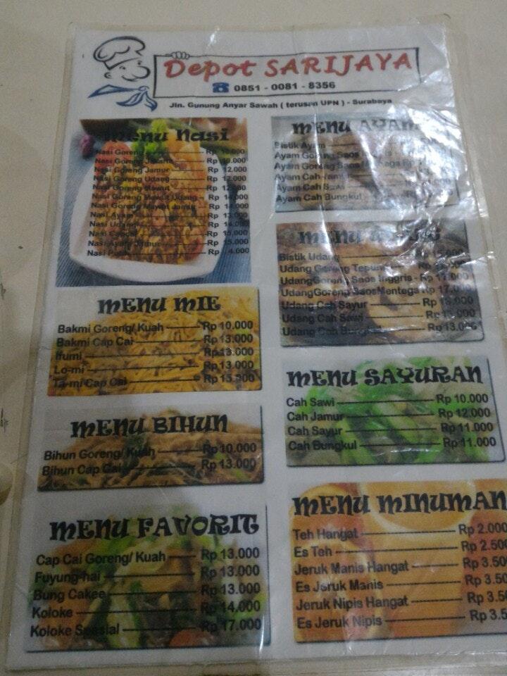 Menu at Depot Sari Jaya restaurant, Surabaya, Jl. Raya Gn. Anyar Sawah ...