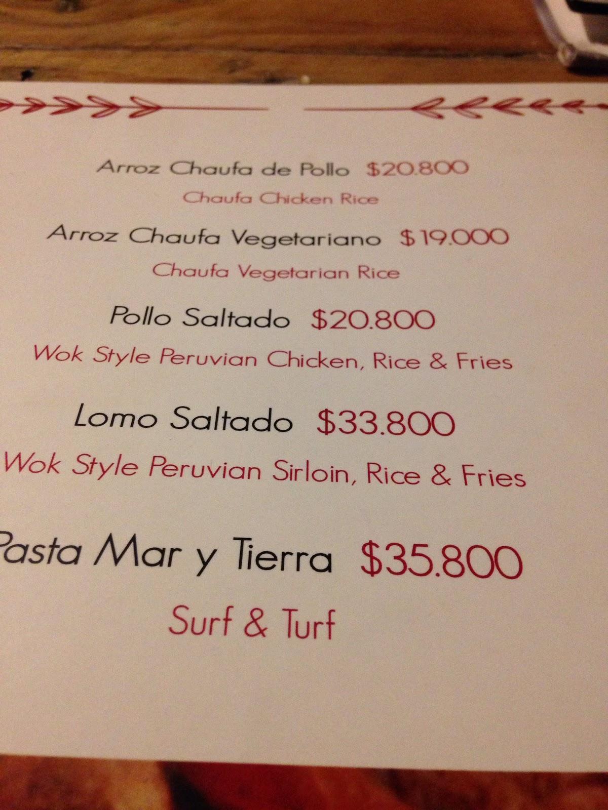 Menu at EL PERUANO restaurant, San Andrés