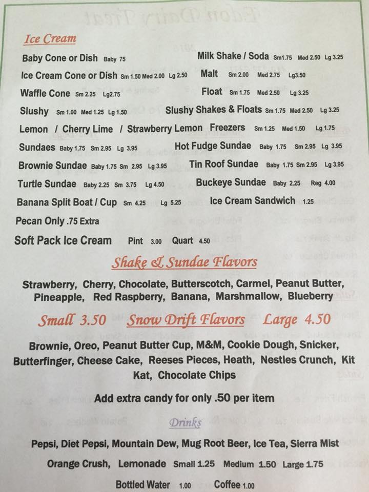 Menu at Edon Dairy Treat restaurant, Edon