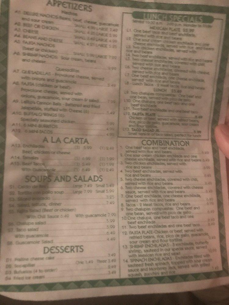 Menu at El Jacalito restaurant, Crandall