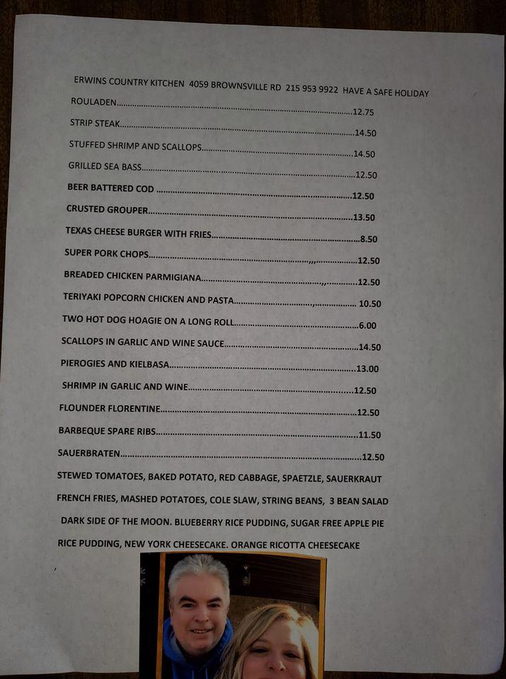 Menu at Erwin's Country Kitchen restaurant, Feasterville-Trevose