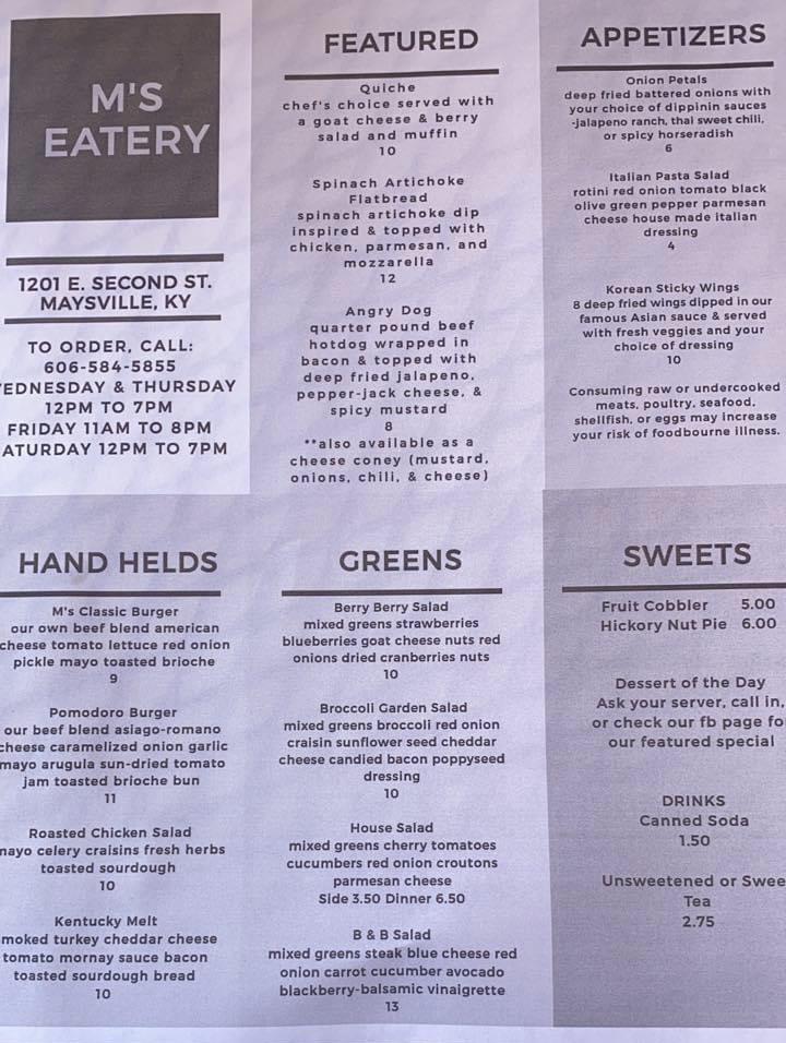 Menu at M's Eatery restaurant, Maysville