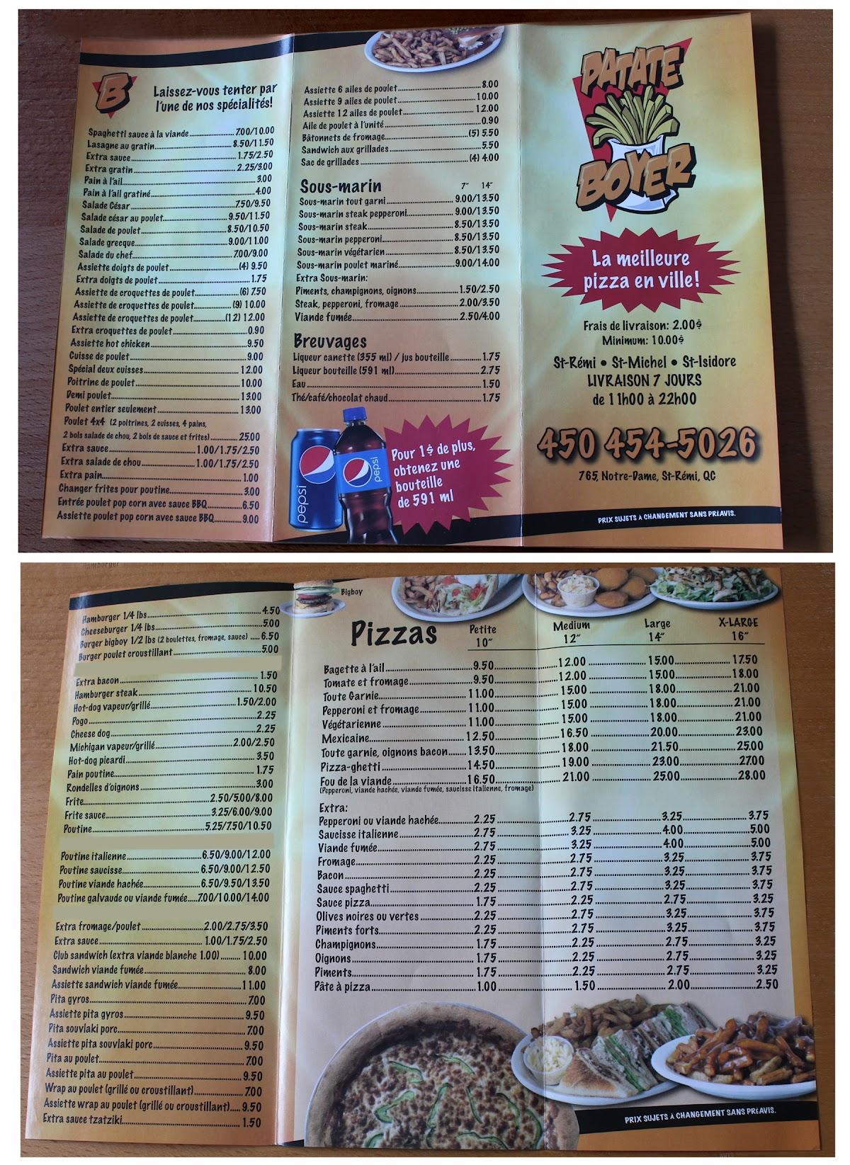 Menu au Patate Boyer restaurant, Saint-Rémi