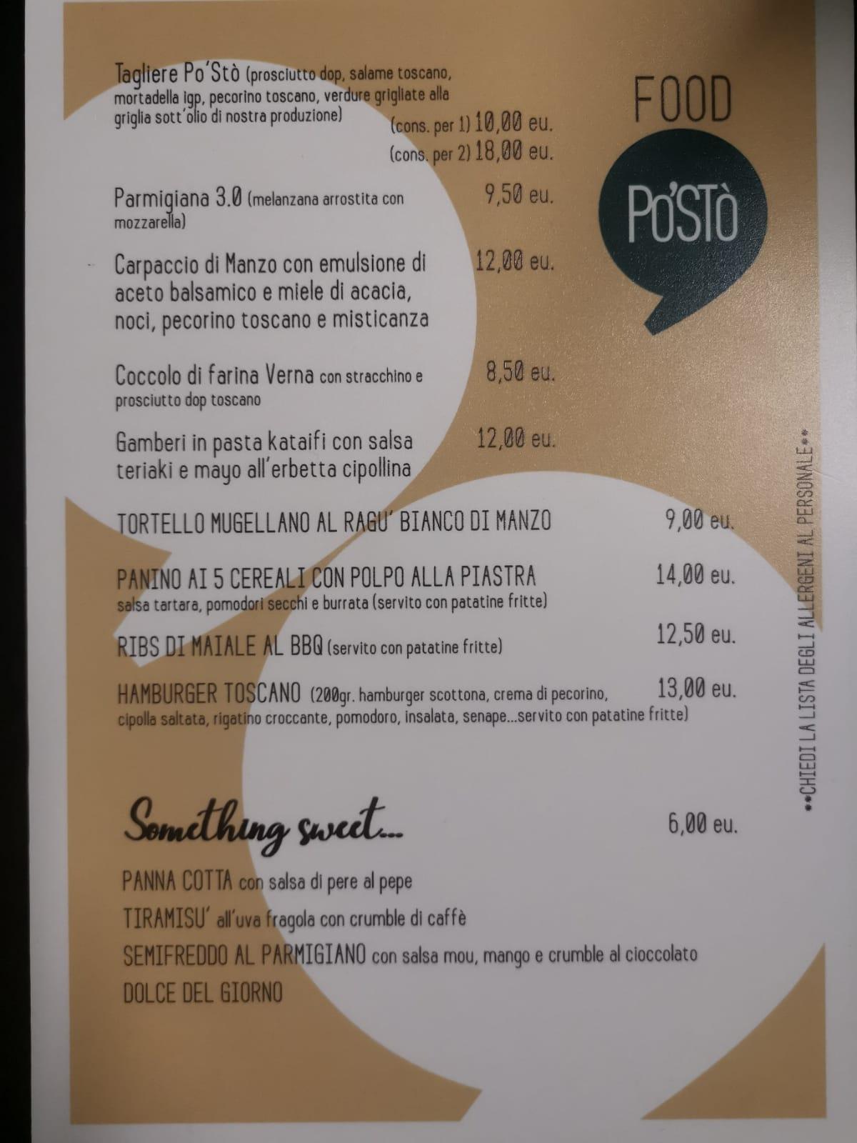 Menu at Post'ò Cafè pub & bar, Prato
