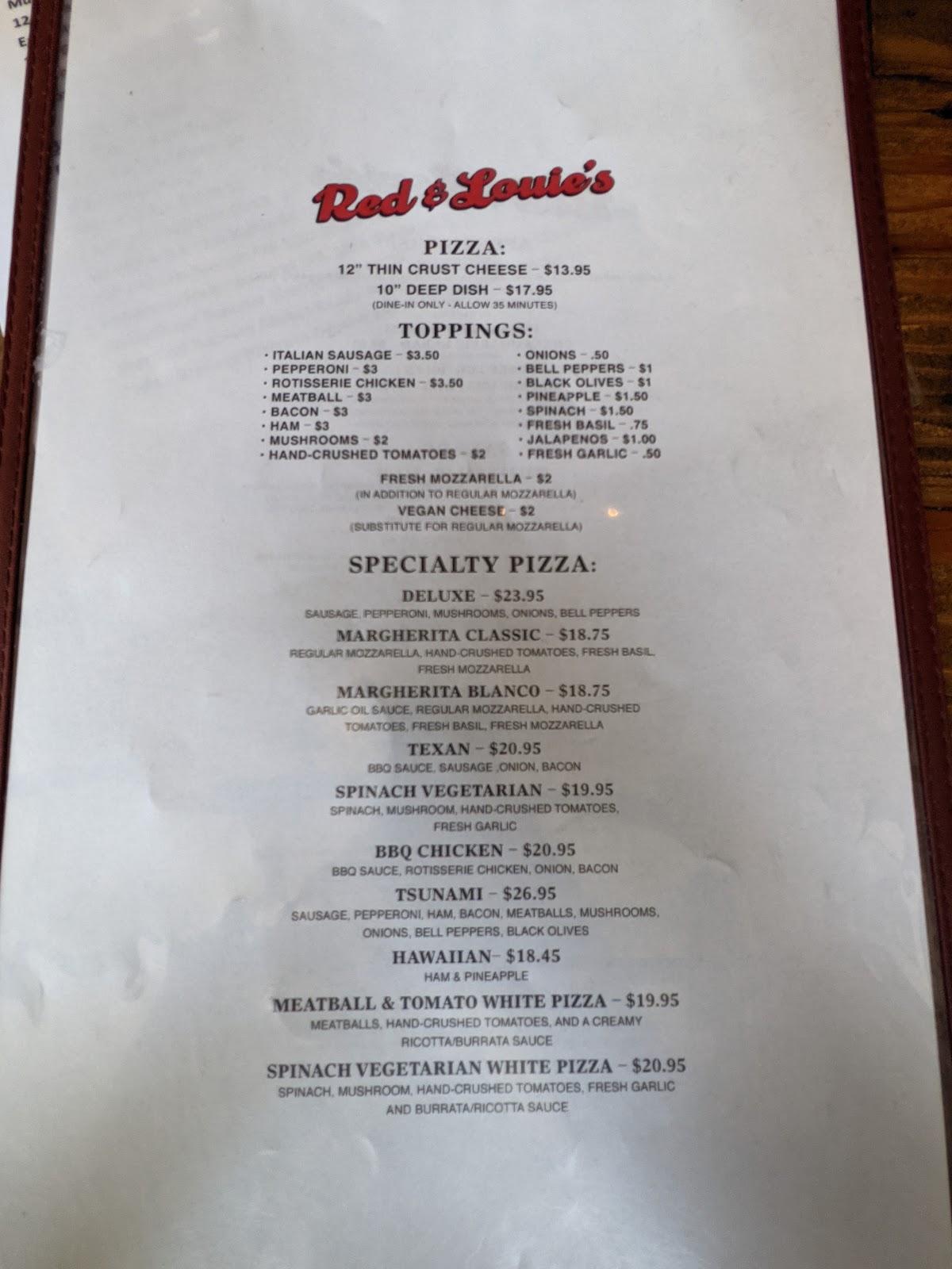 Menu at Red & Louie's Pizzeria, Hermosa Beach