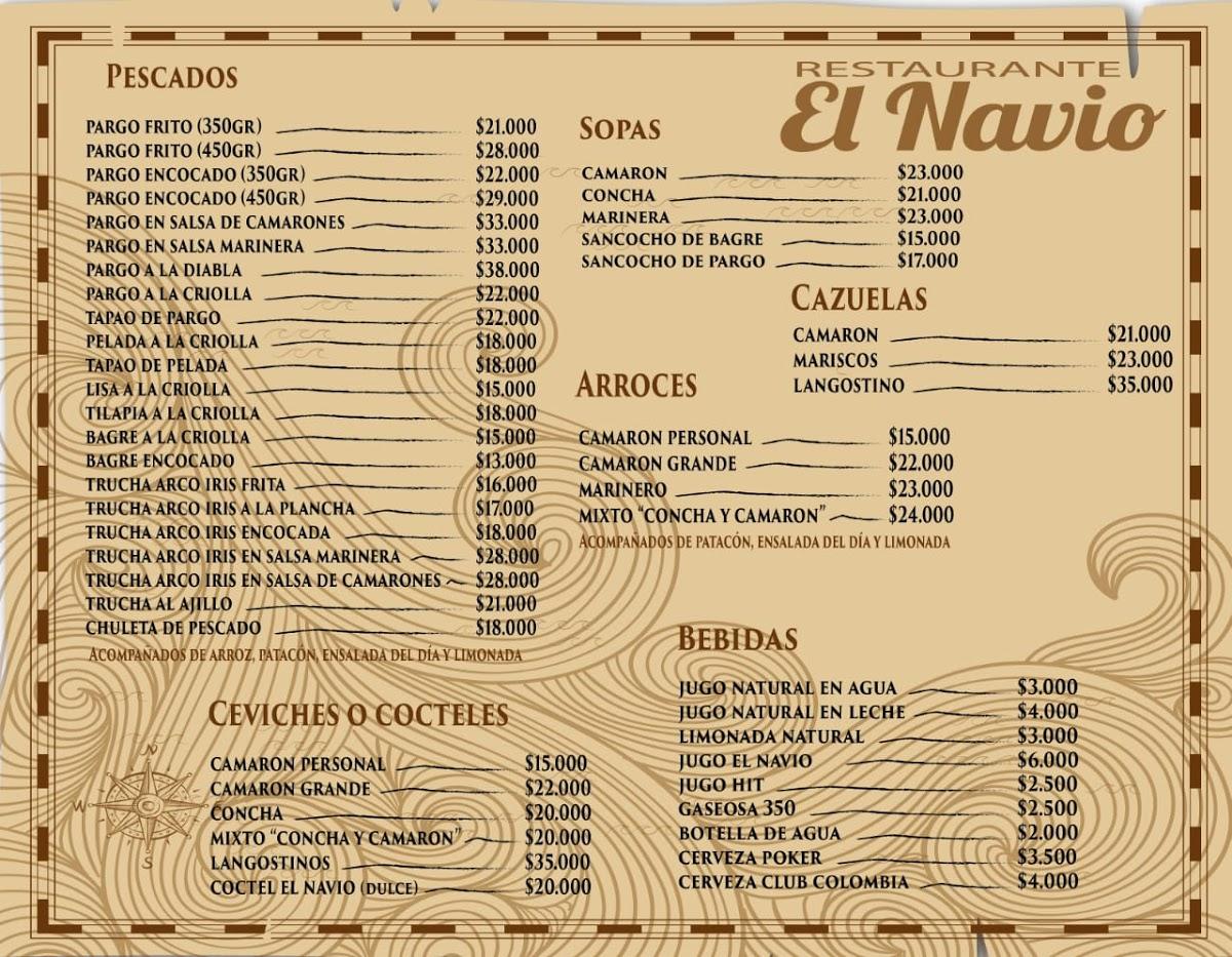 Carta del restaurante El Navio, Pasto, Cra. 30a #14-79
