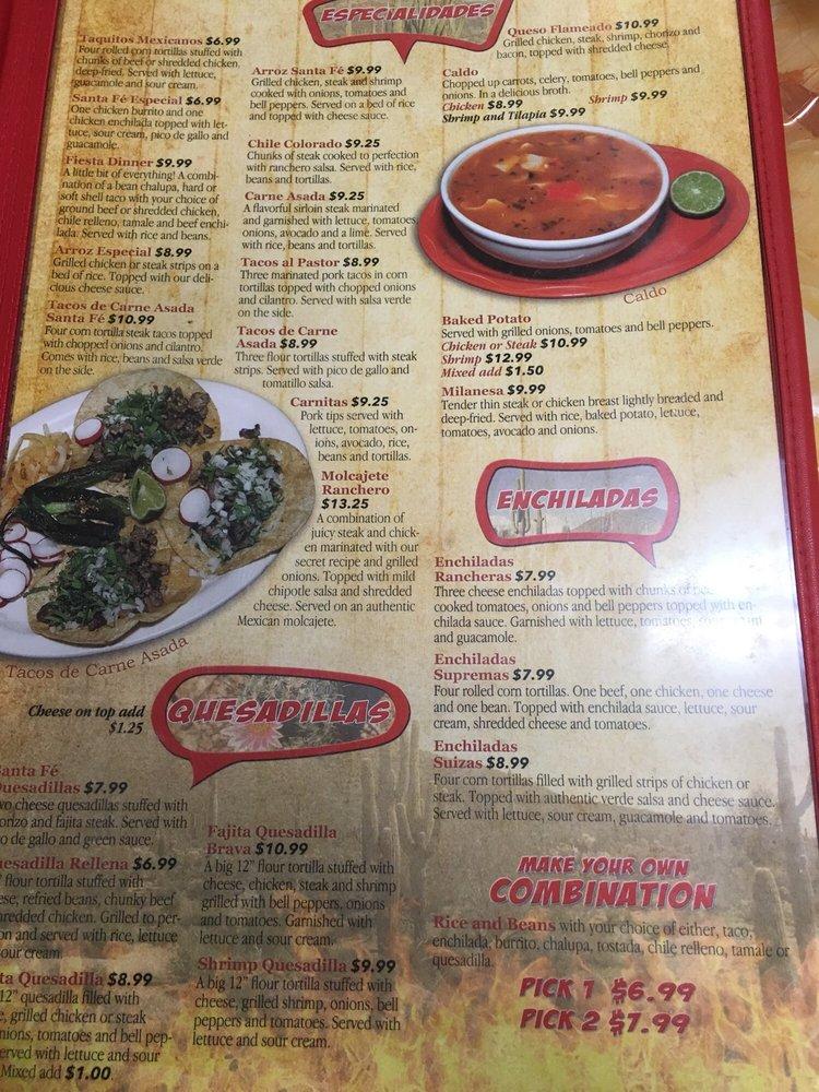 Menu at Santa Fe Mexican Bar And Grill, Mountain Grove