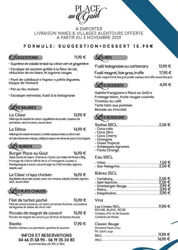 Menu au Place au Goût restaurant, Nimes