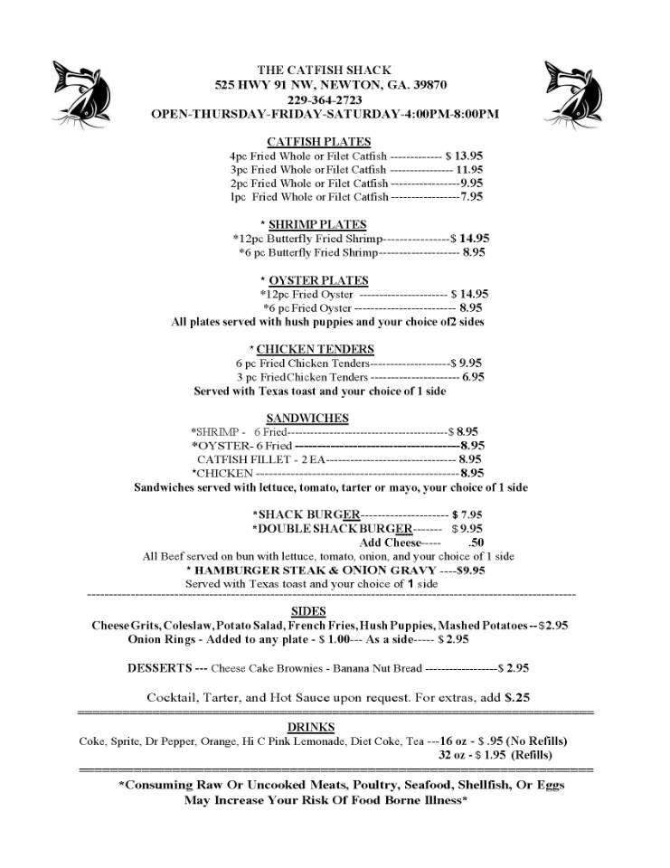 Menu at The Catfish Shack restaurant, Newton