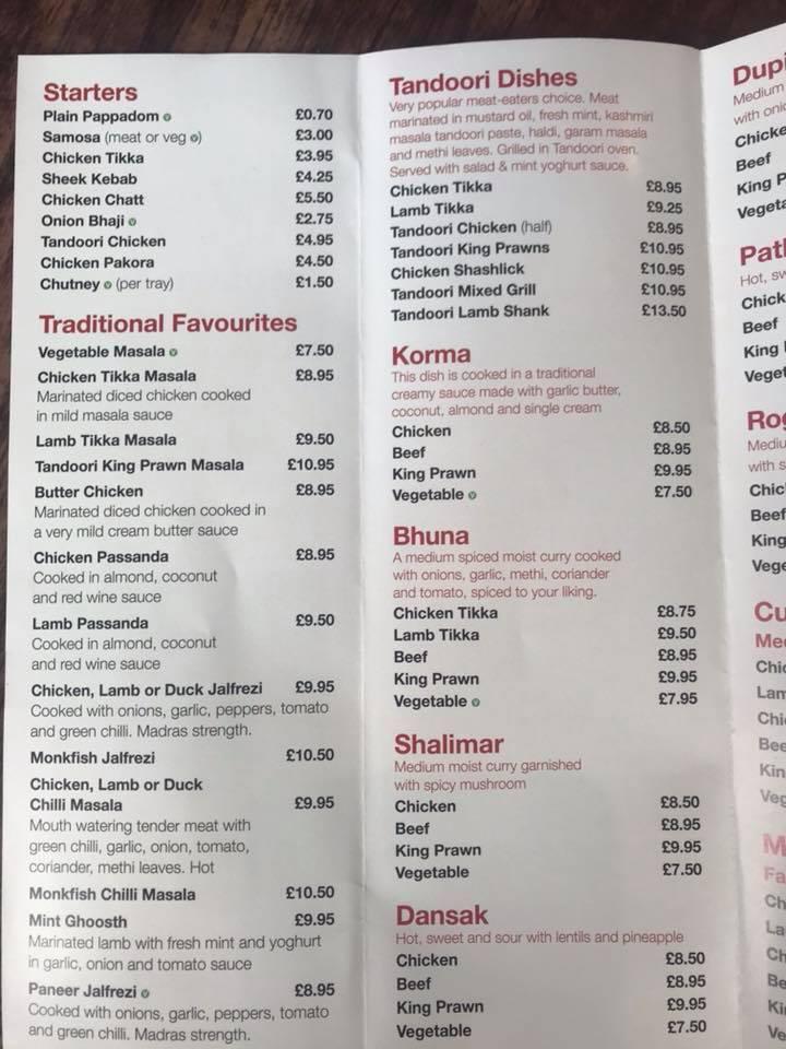 Menu at Indian-Thai restaurant, Brixham