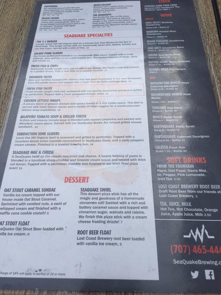 Menu at SeaQuake Brewing pizzeria, Crescent City