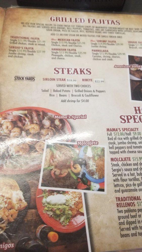 Menu at Sergio’s Mexican Restaurant, Carbondale