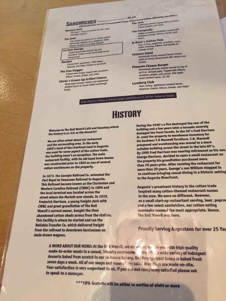 Menu at The Boll Weevil Cafe and Sweetery, Augusta